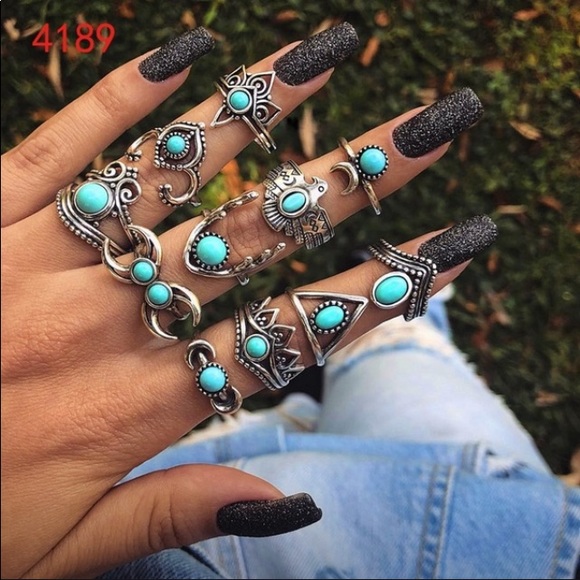 Turq | Jewelry | One Set Only Gorgeous Silver Turquoise Ring Set | Poshmark